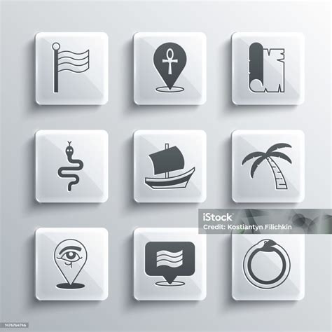 이집트의 국기 우로보로스의 마법 상징 열대 야자수 이집트 배 아이 호루스 뱀 파피루스 스크롤 아이콘을 설정합니다 벡터 고대의에 대한 스톡 벡터 아트 및 기타 이미지 Istock