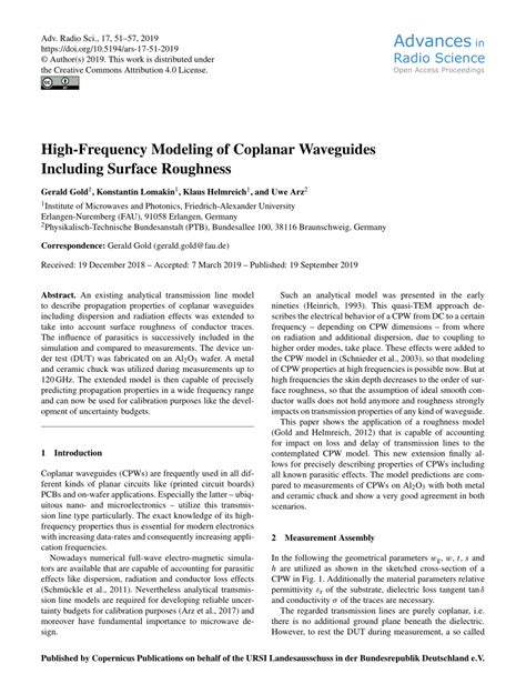 Pdf High Frequency Modeling Of Coplanar Waveguides Including Surface Roughness