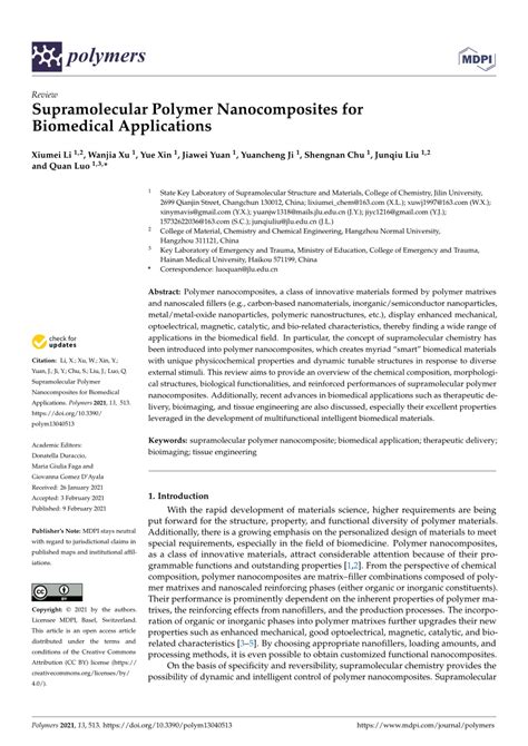 Pdf Supramolecular Polymer Nanocomposites For Biomedical Applications