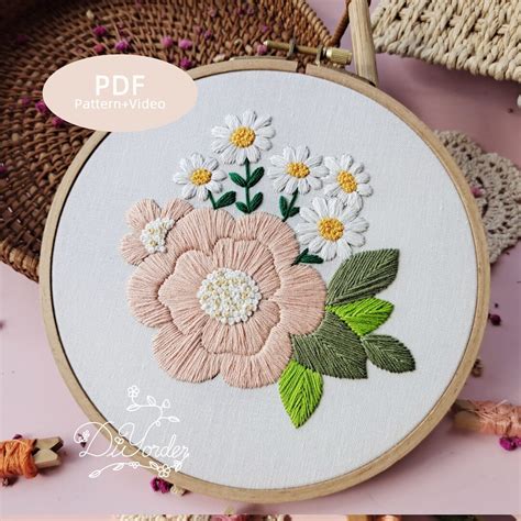 Pink Daisy Embroidery Pattern Embroidery Pdf Stitches Tutorial Pdf Embroidery Pattern