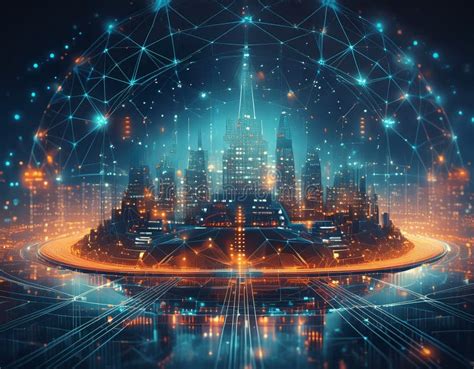 Abstract Digital World Illustration With Interconnected Nodes And Floating Code Fragments Stock