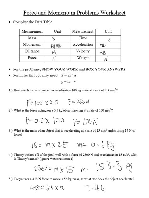 October Week Force And Momentum Problems Worksheet Pdf Force Momentum