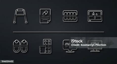 세트 라인 워커 슬리퍼 심전도 모니터 요양원 알약 물집 팩 의료 처방전 스마트 Tv 및 거짓 턱 아이콘 벡터 간호사에 대한 스톡 벡터 아트 및 기타 이미지 Istock