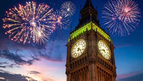 Big Ben Illuminated By Fireworks In London Sky Stock Image Image Of
