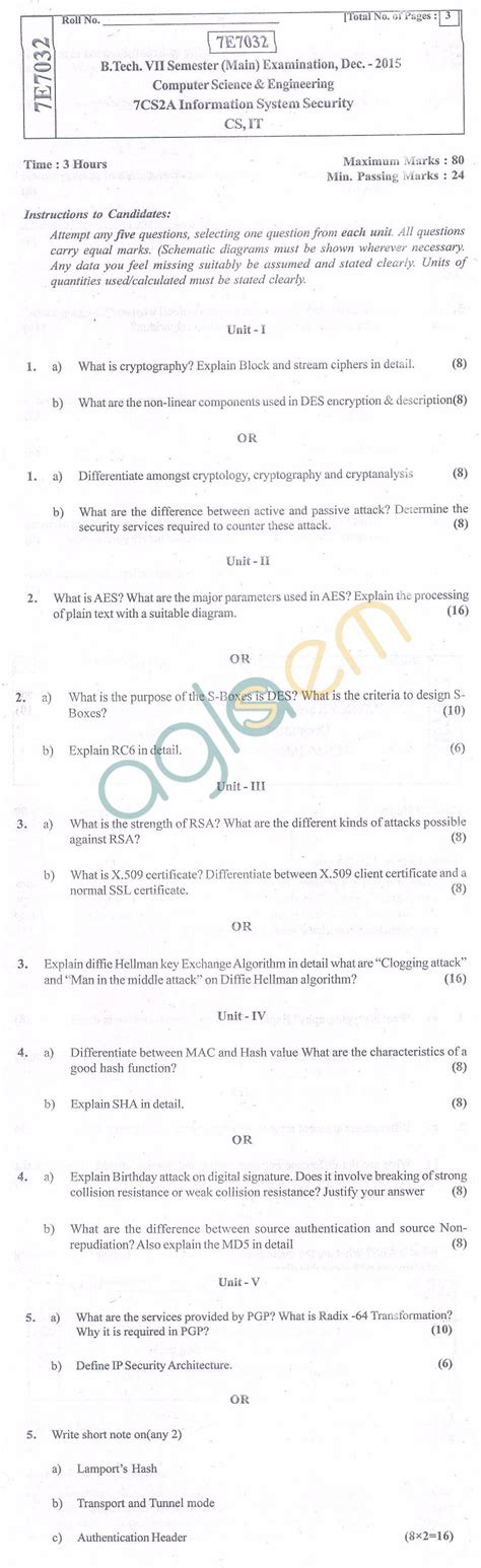 RTU Question Papers Semester CS Information System Security AglaSem Institutes