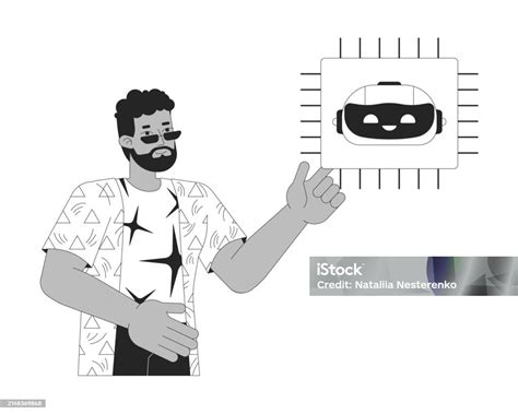 Bearded Man With Ai Microchip Black And White 2d Line Cartoon Character Stock Illustration