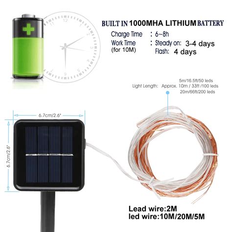 20 м 200 светодиодный светильник на солнечных батареях, медный провод ...