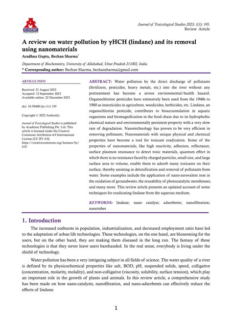 Pdf A Review On Water Pollution By γhch Lindane And Its Removal Using Nanomaterials