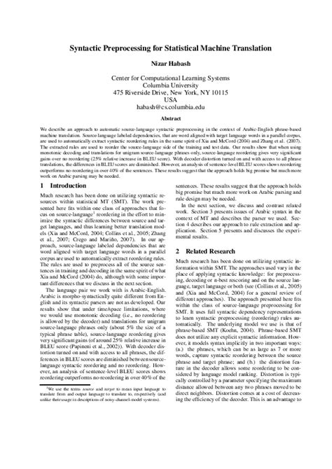 Pdf Syntactic Preprocessing For Statistical Machine Translation