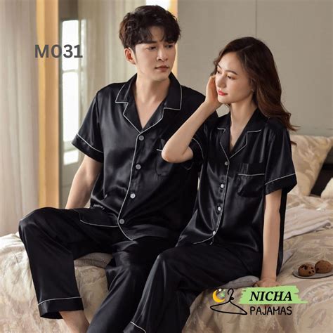 พร้อมส่ง ชุดนอนผู้ชายผู้หญิง แขนสั้น ขายาว สีดำ ผ้าซาติน Nichapajamas ชุดนอนชาย สาวบิ๊กไซส์ก็