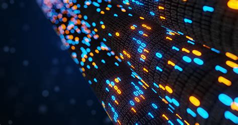 플레어 추상 파란색과 주황색 디지털 이진 코드 매트릭스 배경 미래 지향적인 빅 데이터 정보 기술 데이터 센터 블록 체인 인터넷 고속 3d 렌더링 지력에 대한 스톡 사진 및