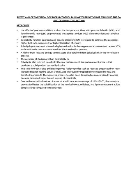 Effect And Optimization Of Process Control During Torrefaction Of Psd Using The Ga And