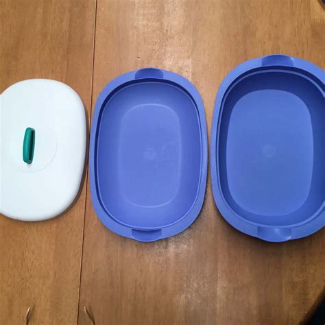 Vintage Tupperware Microwave 3 Piece Blue Oval Serving Dish With Handled Lid S
