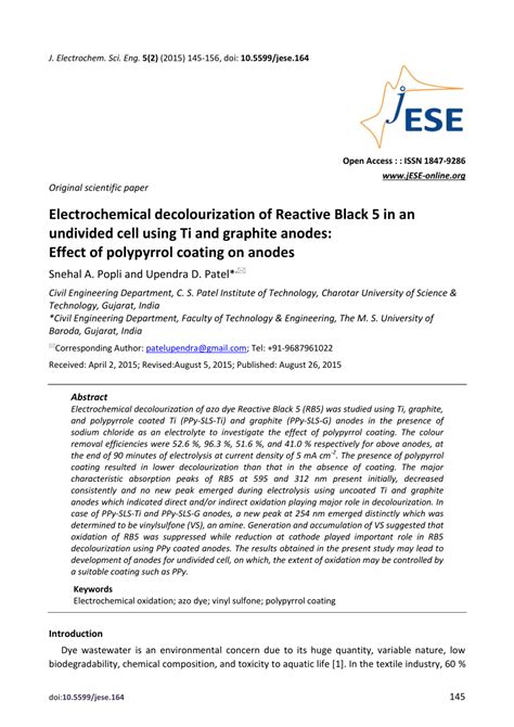 Pdf Electrochemical Decolorization Of Reactive Black 5 In An