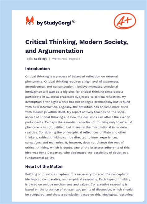 Critical Thinking Modern Society And Argumentation Free Essay Example