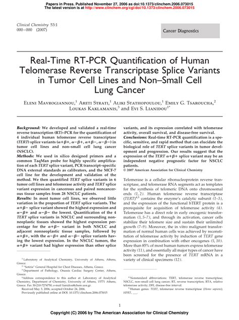 Pdf Real Time Rt Pcr Quantification Of Human Telomerase Reverse Transcriptase Splice Variants