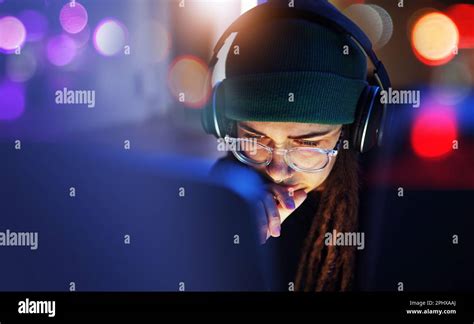 Night Programmer Thinking Or Woman Hacker Coding Phishing Or Cybersecurity Technology Online
