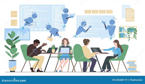 Program Code Development With Help Of Ai Tiny Programmers Work On Laptops Robots Assist Stock