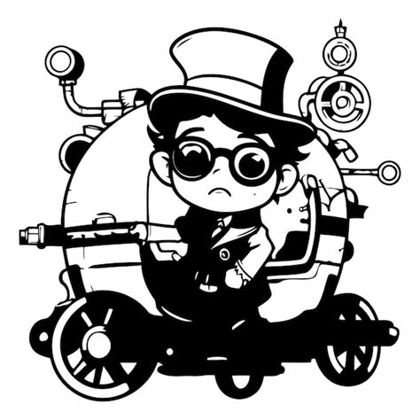 총을 들고 차에 타고 있는 만화 형사 프리미엄 벡터