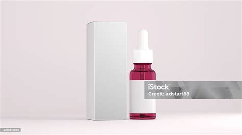 회색 배경에 빈 흰색 라벨과 빈 흰색 상자가 있는 흰색 스포이드 핑크 병 3d 렌더링 모형 템플릿 0명에 대한 스톡 사진 및 기타 이미지 Istock