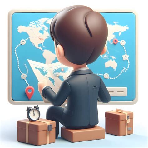 Premium Photo 3d Flat Cute Chibi Icon For Back View Of A Manager Looking At A World Map Soft
