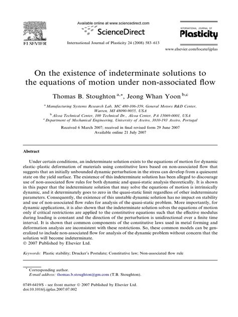 2008 Stoughton On The Existence Of Indeterminate Solutions To The Equations Of Motion Under Non