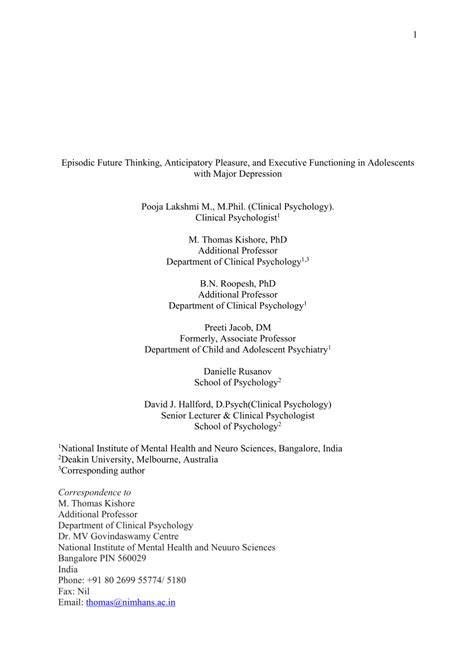 Pdf Episodic Future Thinking Anticipatory Pleasure And Executive Functioning In Adolescents