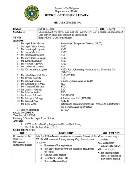 Minutes Of Meeting Arta On Zero Backlog Program And Report Card