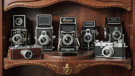Antique Cameras And Vintage Items Displayed On A Table Along A