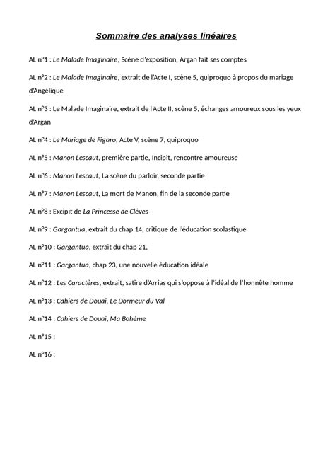 Sommaire Analyses Linéaires Notes Français Docsity