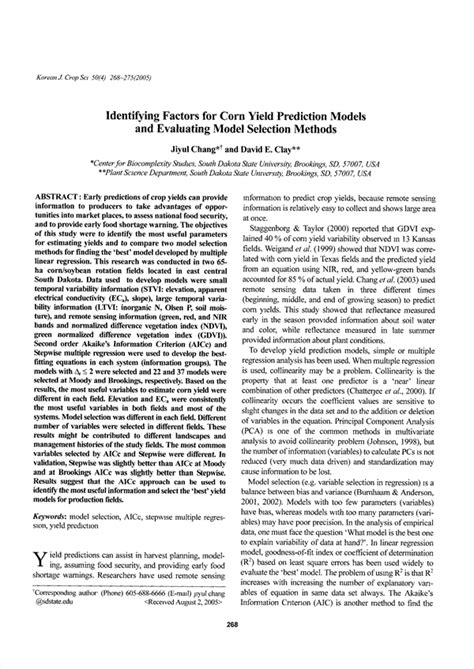 Identifying Factors For Corn Yield Prediction Models And Evaluating Model Selection Methods