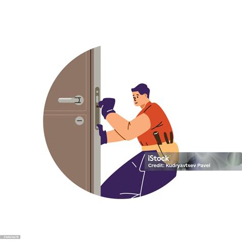 특수 도구를 사용하여 도어록을 수리하는 전문 자물쇠 제조공 수리공 고정 벡터 유지 보수 서비스 문에 대한 스톡 벡터 아트 및