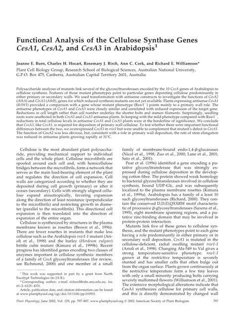 Pdf Functional Analysis Of The Cellulose Synthase Genes Cesa1 Cesa2 And Cesa3 In Arabidopsis