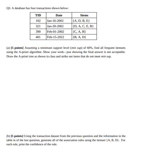 solved q3 a database has four transactions shown below a