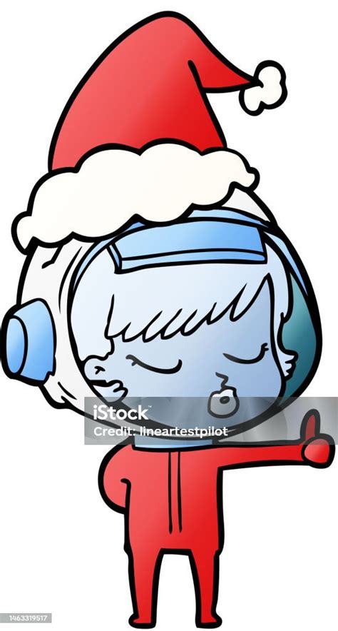 산타 모자를 쓰고 엄지손가락을 치켜세우는 예쁜 우주비행사 소녀의 손으로 그린 그라데이션 만화 귀여운에 대한 스톡 벡터 아트 및 기타 이미지 Istock