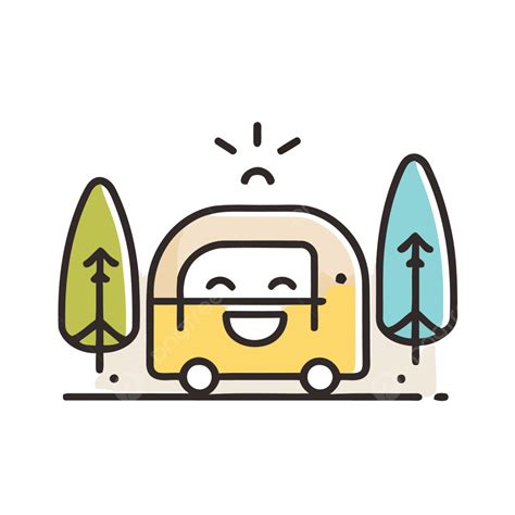 캠프장에 캠핑카가 있는 라인 캐릭터 벡터 흰색 바탕에 행복한 캠핑카를 묘사한 직계 아이콘 플랫 아이콘 및 드리블에 의한 벡터 일러스트 비핸스 Hd Png 일러스트 및