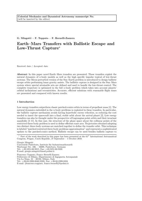 earth mars transfers with ballistic escape and low thrust capture pdf