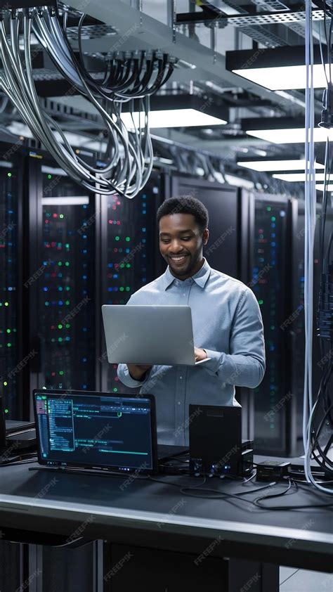 Laptop Server Room And Black Man On Network For Maintenance Programming Software Or Typing