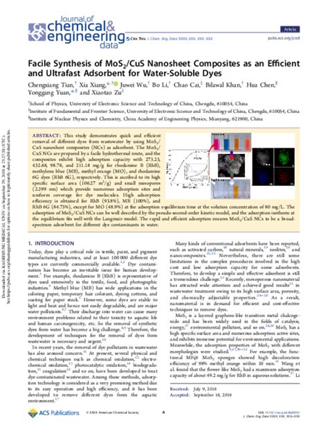 Pdf Facile Synthesis Of Mos2cus Nanosheet Composites As An Efficient And Ultrafast Adsorbent