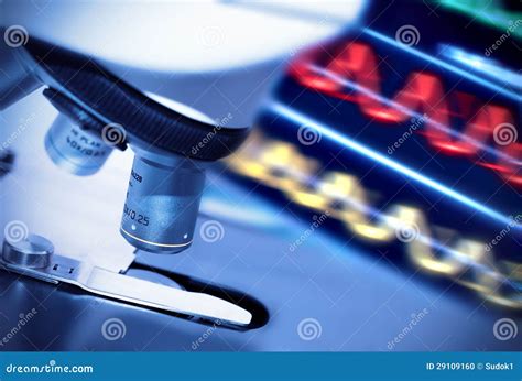 Research Microscope With Molecule Structural Formula Research Stock