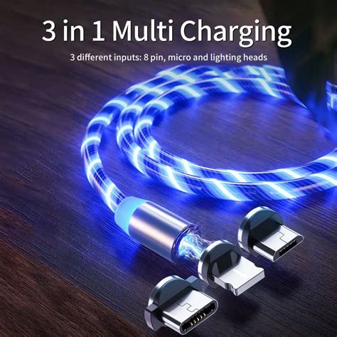 Magnetic Suction Streamer Data Cable For Apple Type C Android Mobile Phone LED Luminous Three In