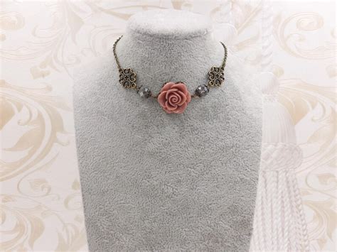 Dusty Pink Rose Necklace Black Diamond Glass Crystal Choker Romantic