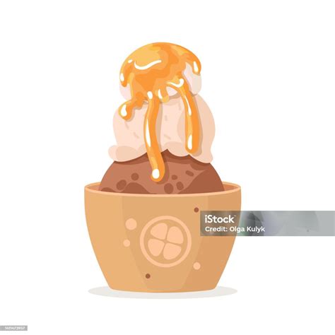 다른 토핑과 맛을 가진 아이스크림 스쿱 바닐라와 흰색 배경에 고립 된 카라멜이있는 초콜릿 벡터 여름 과자 일러스트 레이 션 0