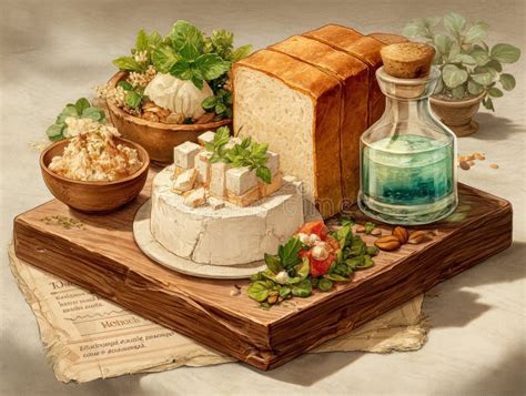 An Artistic Illustration Showcasing Different Types Of Bread Stock