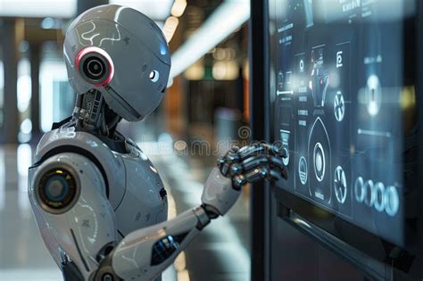A Humanoid Robot With A Touchscreen Interface Interacts With A Human In A Sleek Modern