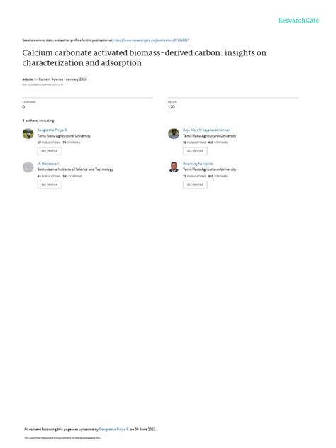 Calcium Carbonate Activated Biomass Derived Carbon Insights On Characterization And Adsorption