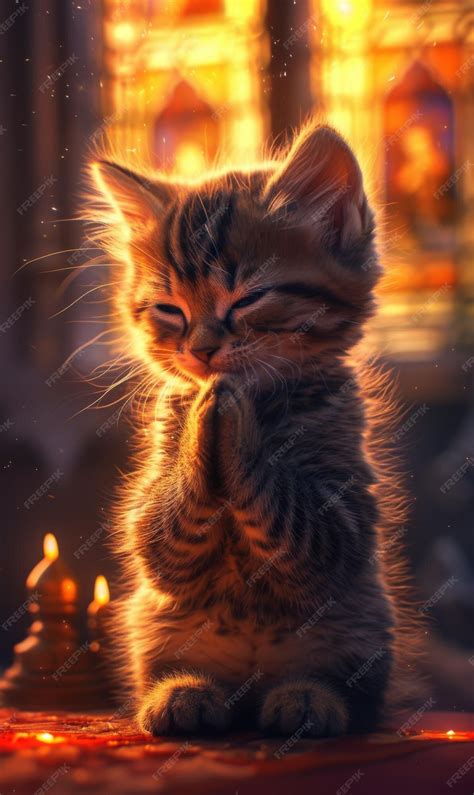 Premium Photo Cute Funny Fluffy Cat Praying Doing Yoga Religious