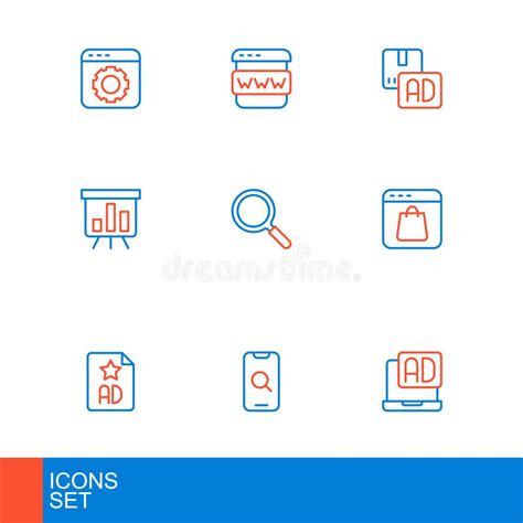 Set Line Advertising Magnifying Glass And Mobile Online Shopping On Screen Board With Graph