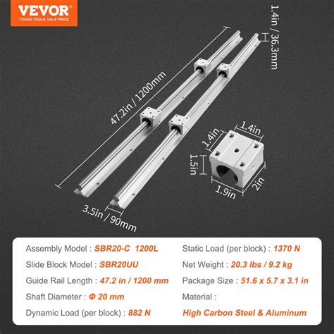 vevor linear guide rail set sbr20 1200mm 2 pcs 47 2 in 1200 mm sbr20
