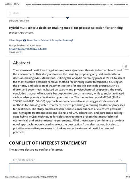 Hybrid Multicriteria Decision Making Model For Process Selection For Drinking Water Treatment